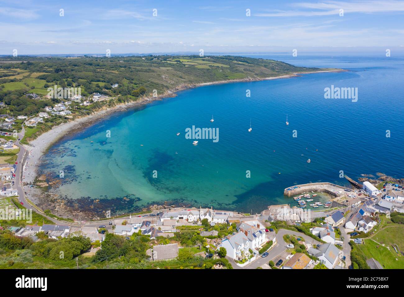 Aerial photograph of Coverack, Lizard, Cornwall, England, United ...