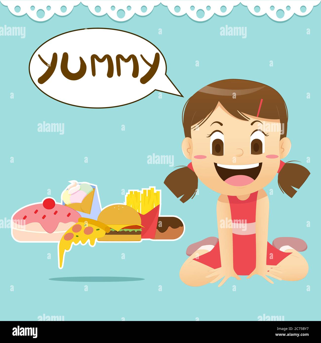 Cute girl loves to eat junk food and dessert Stock Vector Image & Art ...