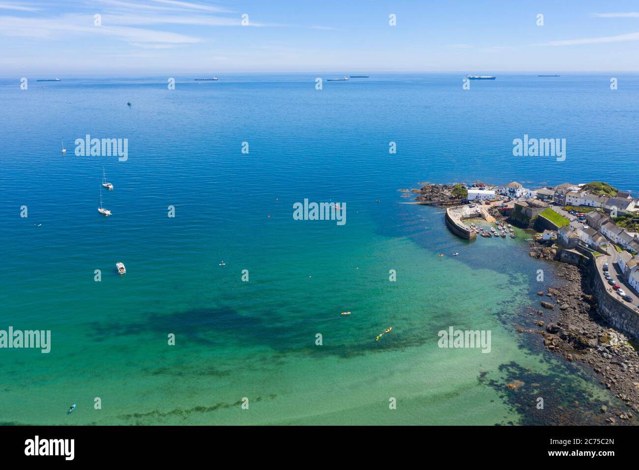 Aerial photograph of Coverack, Lizard, Cornwall, England, United ...