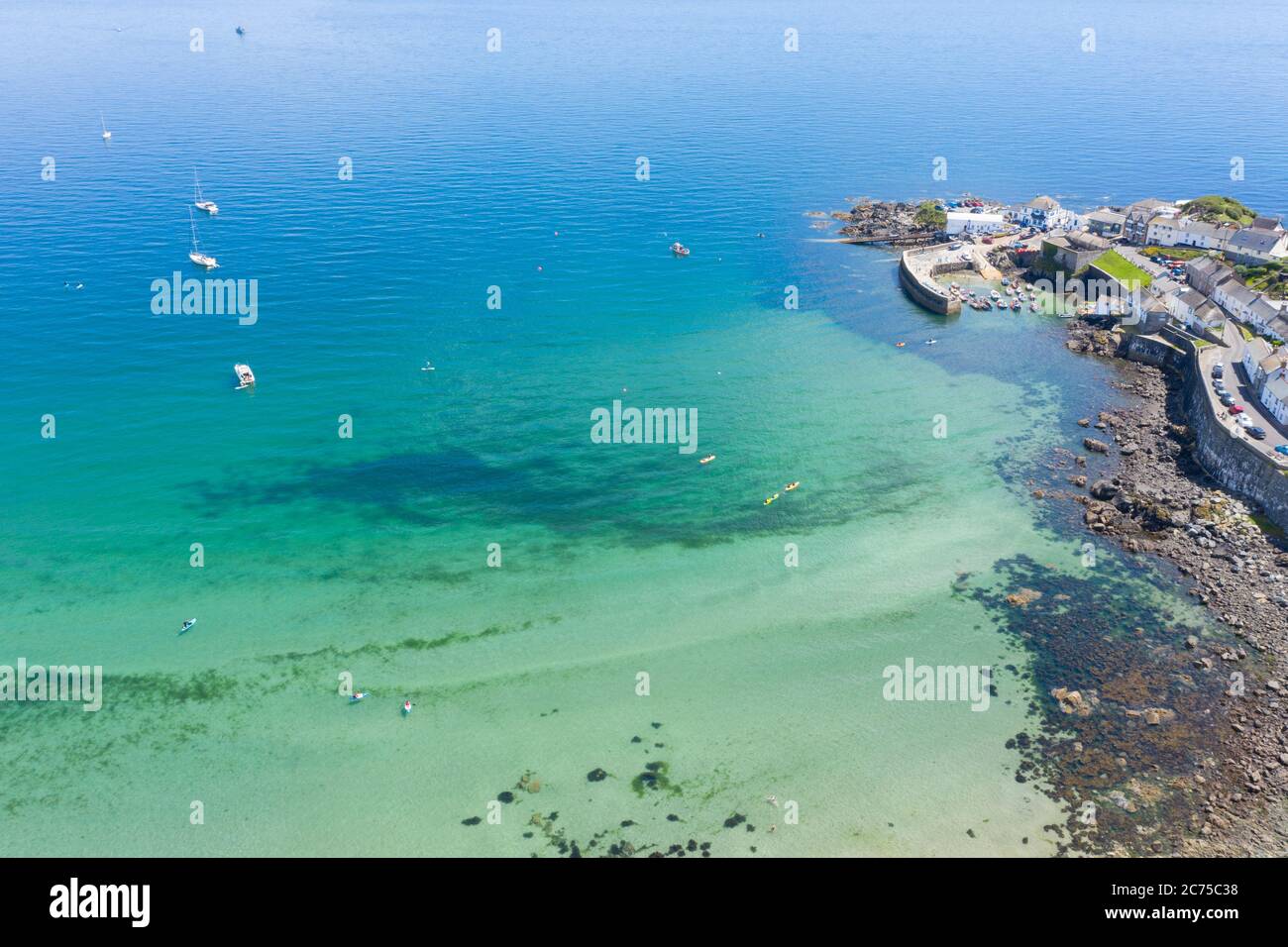Aerial photograph of Coverack, Lizard, Cornwall, England, United ...