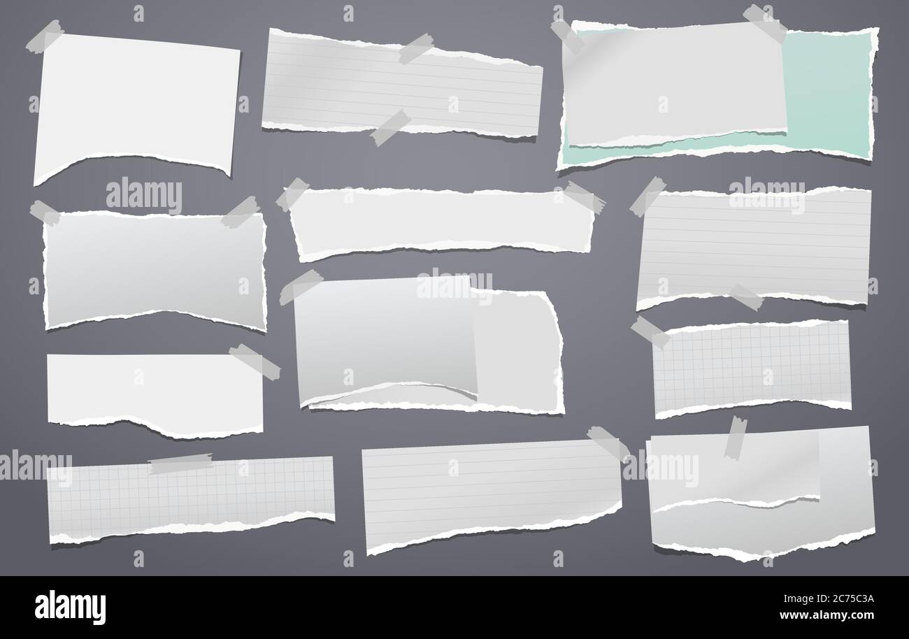 Torn of white note, notebook paper strips and pieces stuck with sticky ...