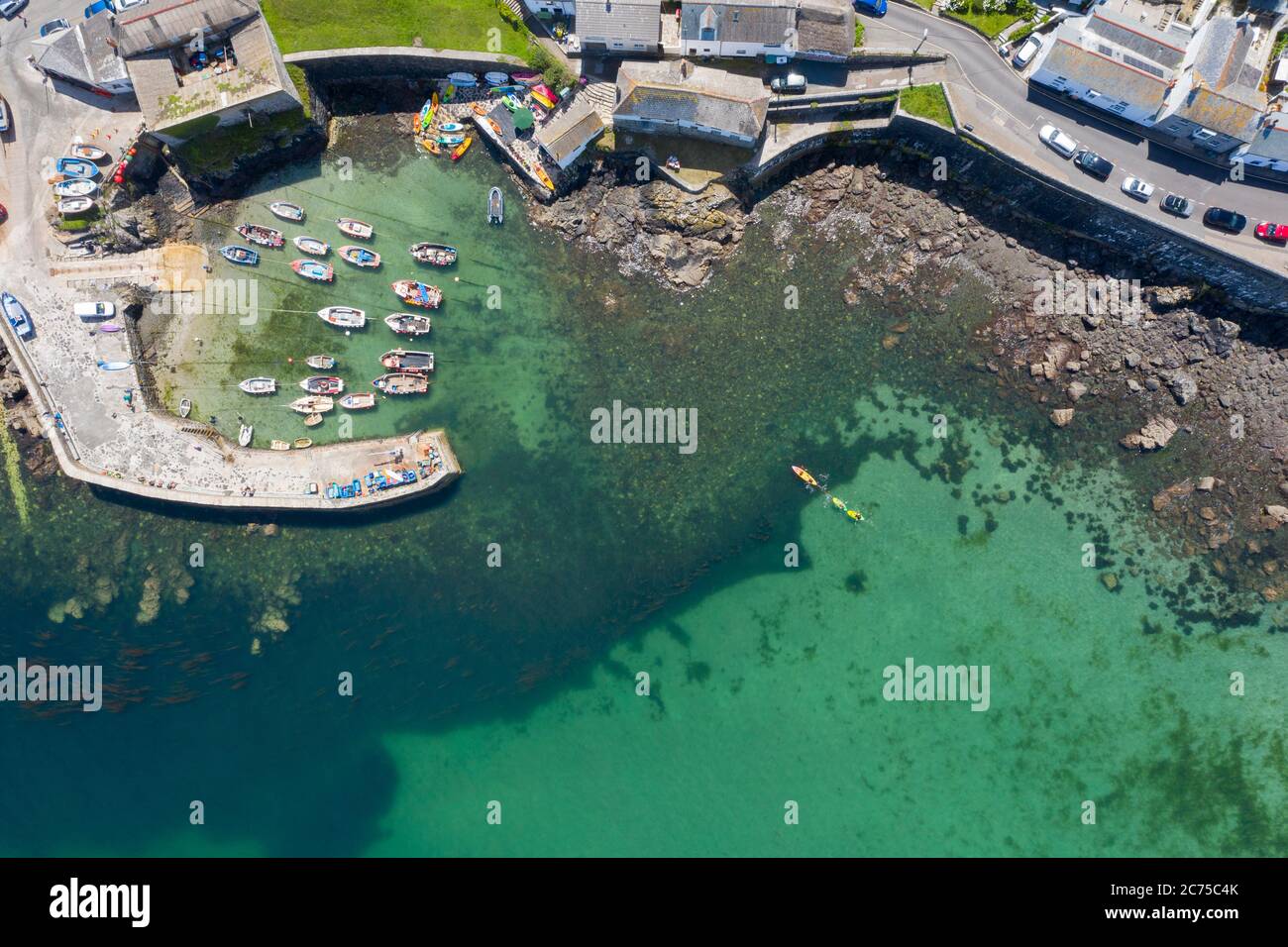 Aerial photograph of Coverack, Lizard, Cornwall, England, United ...