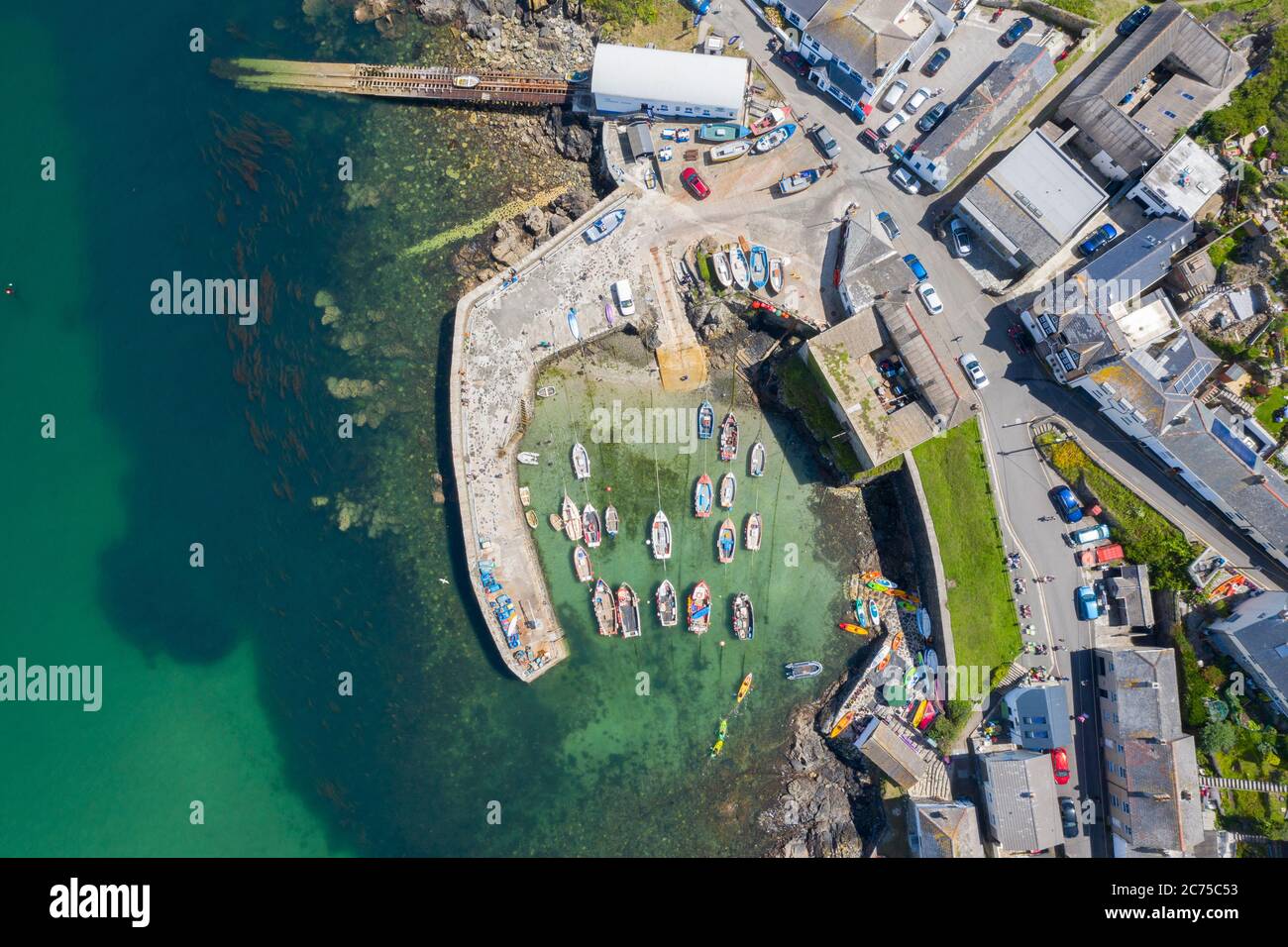 Aerial photograph of Coverack, Lizard, Cornwall, England, United ...