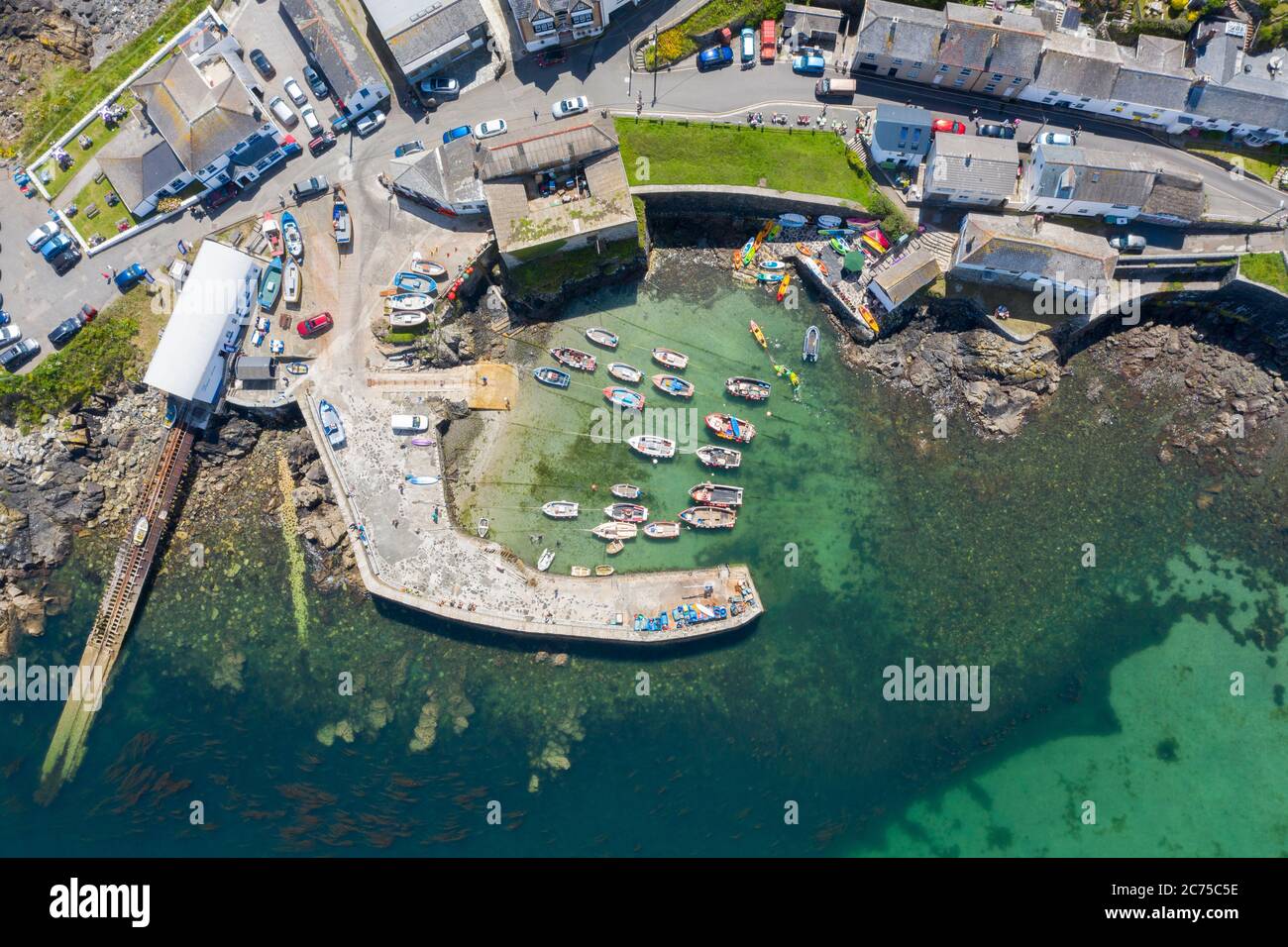 Aerial photograph of Coverack, Lizard, Cornwall, England, United ...