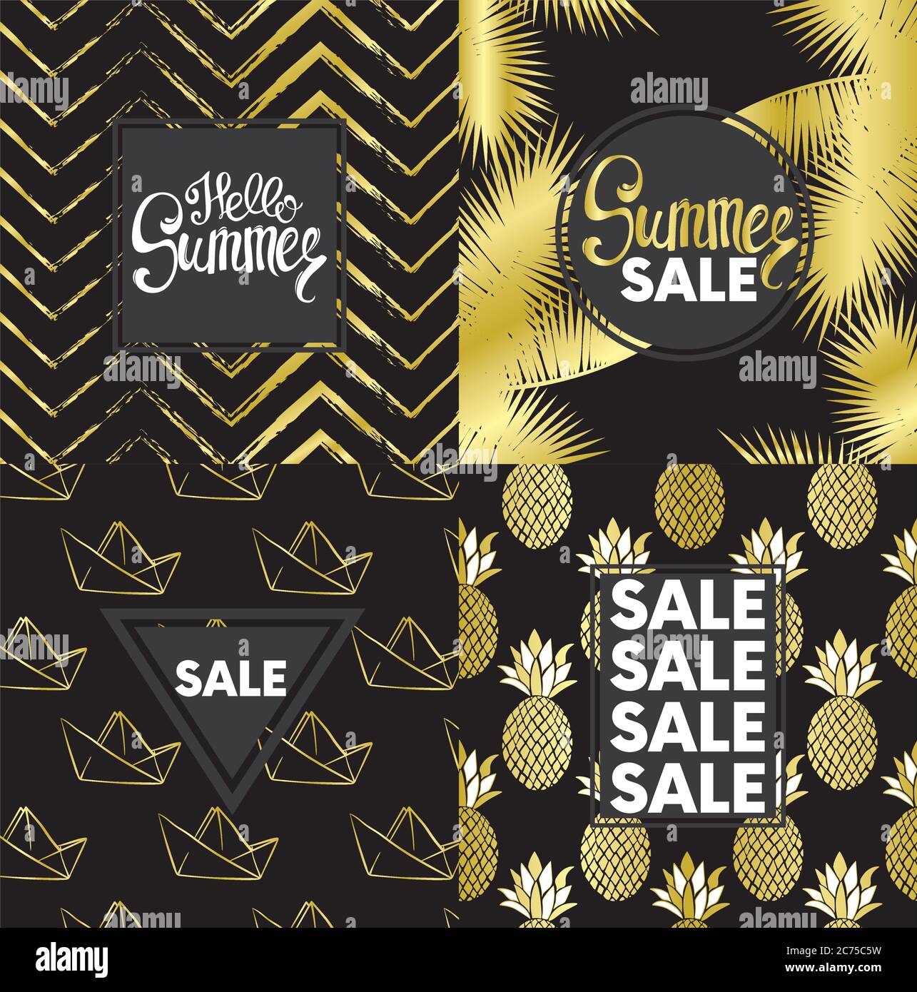 A set of stylish summer cards. Watermelon, ice cream, sun, bananas ...