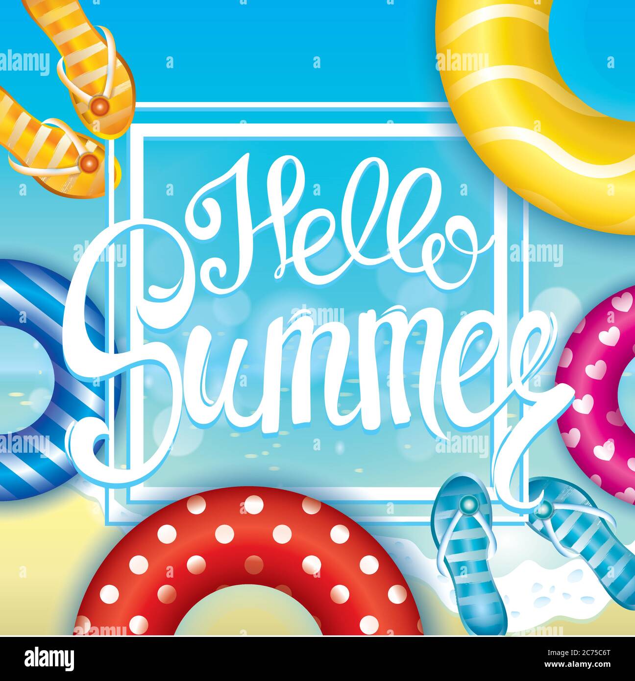 A set of stylish summer cards. Watermelon, ice cream, sun, bananas ...