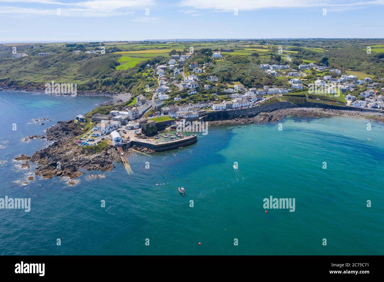 Aerial photograph of Coverack, Lizard, Cornwall, England, United ...