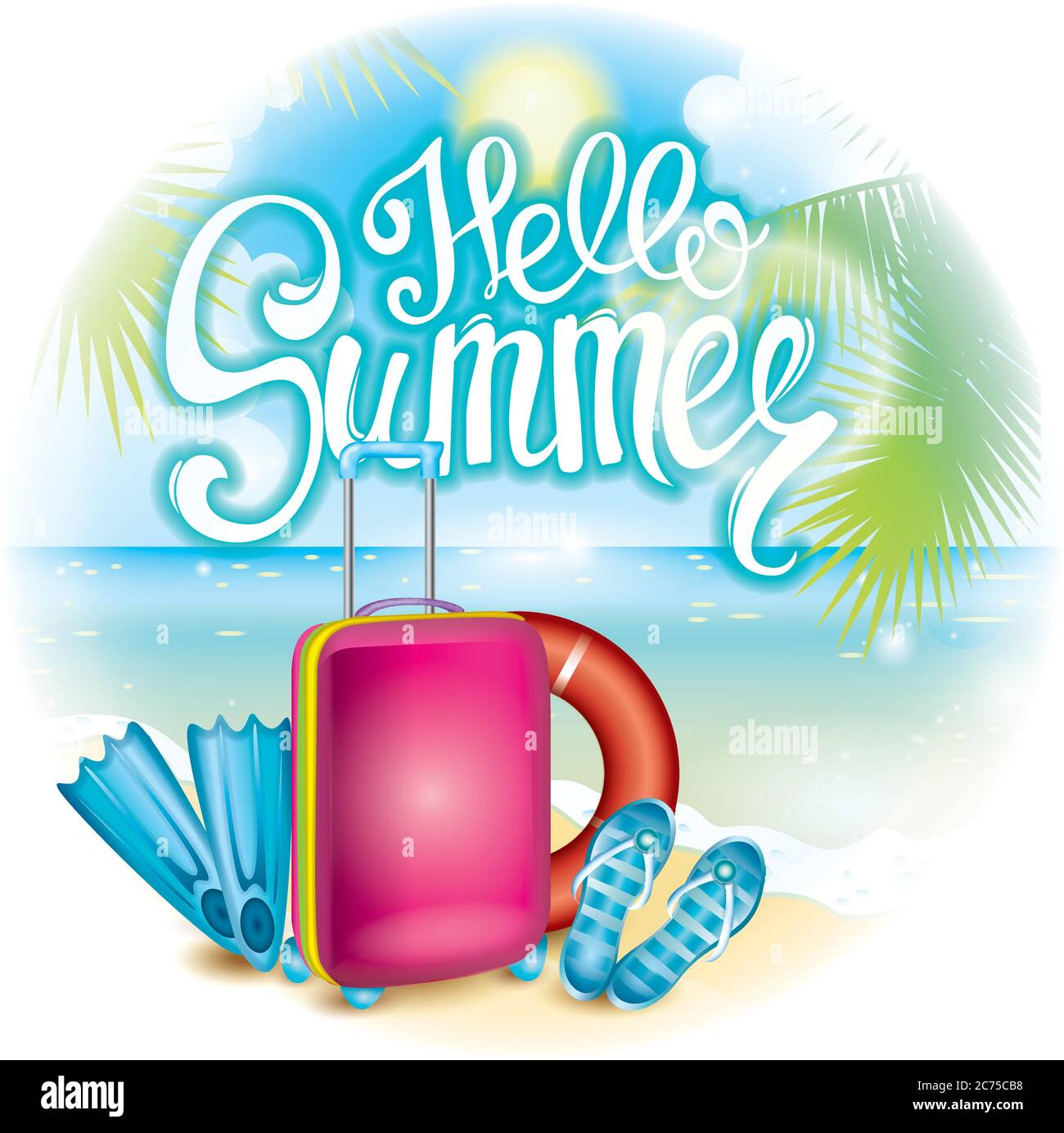 A set of stylish summer cards. Watermelon, ice cream, sun, bananas ...