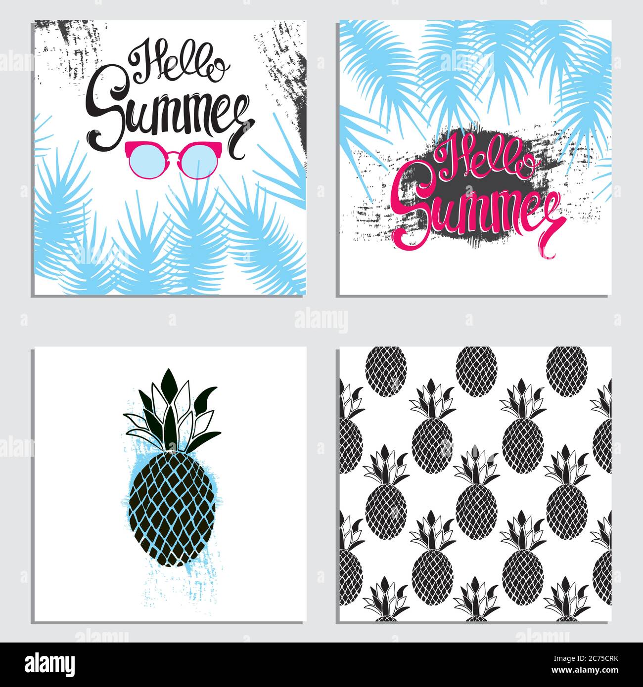 A set of stylish summer cards. Watermelon, ice cream, sun, bananas ...