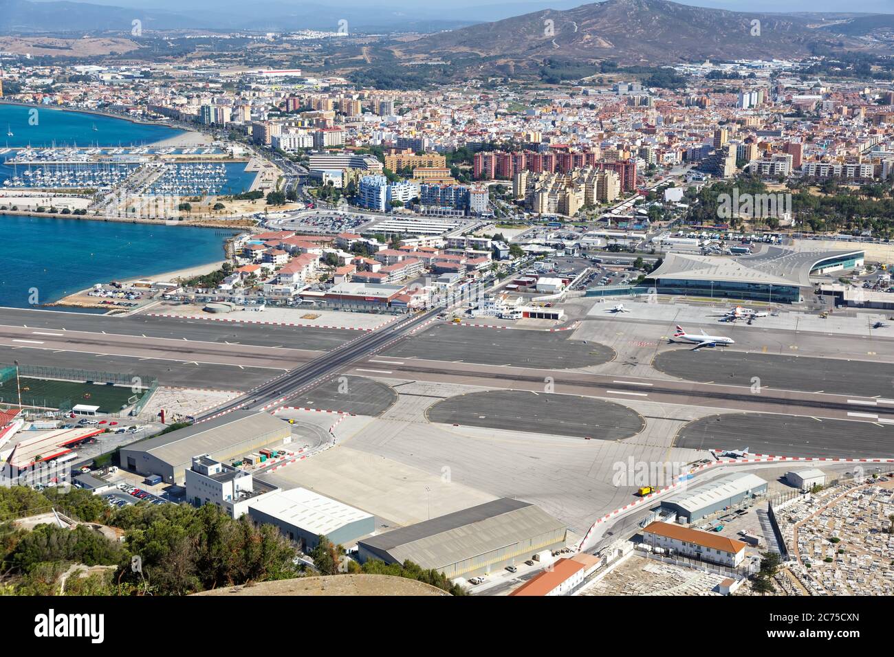 Gibraltar - July 30, 2018: Overview of runway and terminal of Gibraltar ...