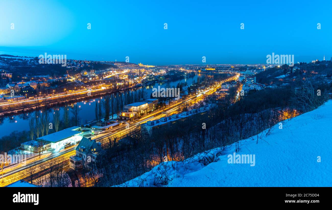 Vltava River in Prague. Winter evening view from Branik rocks. Prague ...