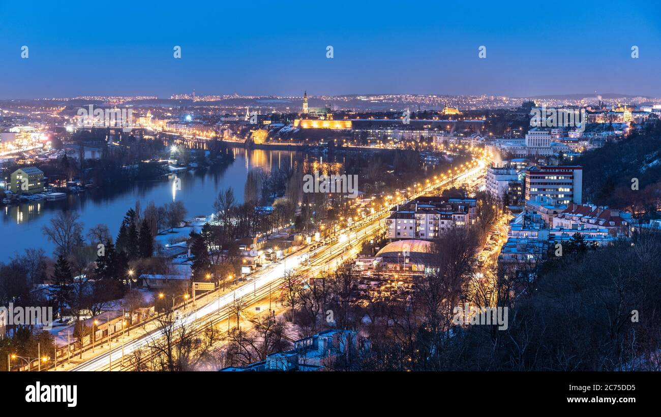 Vltava River and Vysehrad in Podoli. Winter evening view from Branik ...