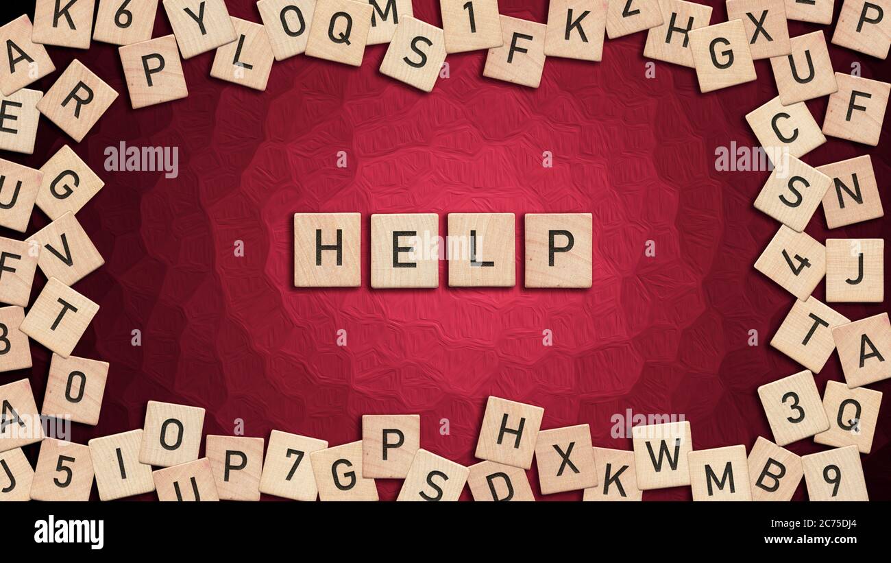 Help written with wooden tiles over red background. This image can be ...