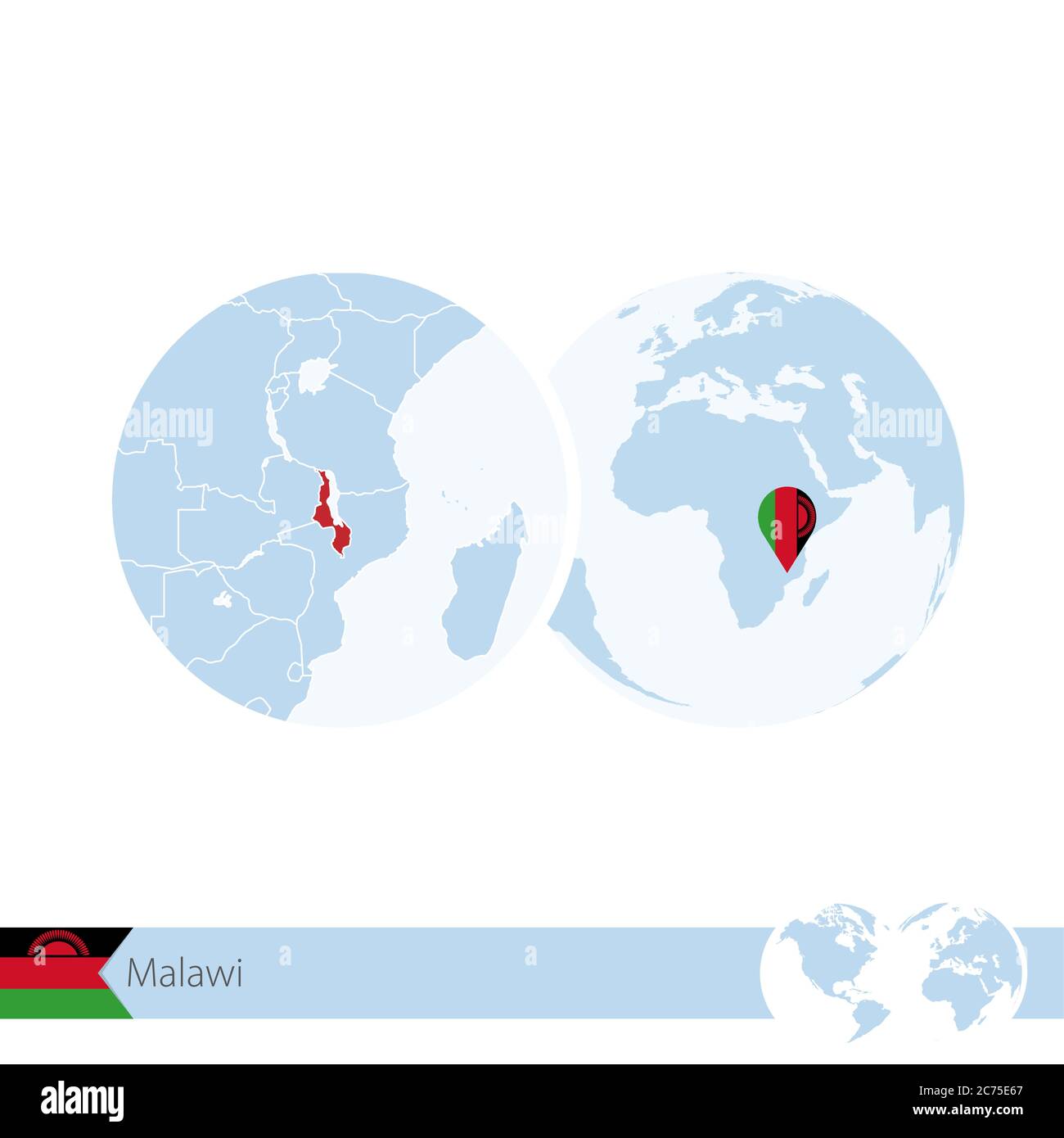 Malawi on world globe with flag and regional map of Malawi. Vector Illustration Stock Vector ...