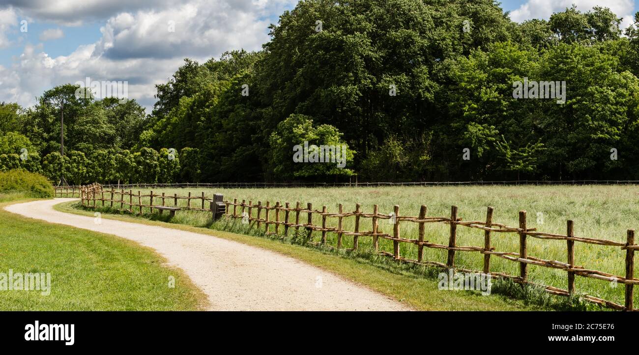 Wide panorama of rural Flemish landscape with winding gravel road next ...