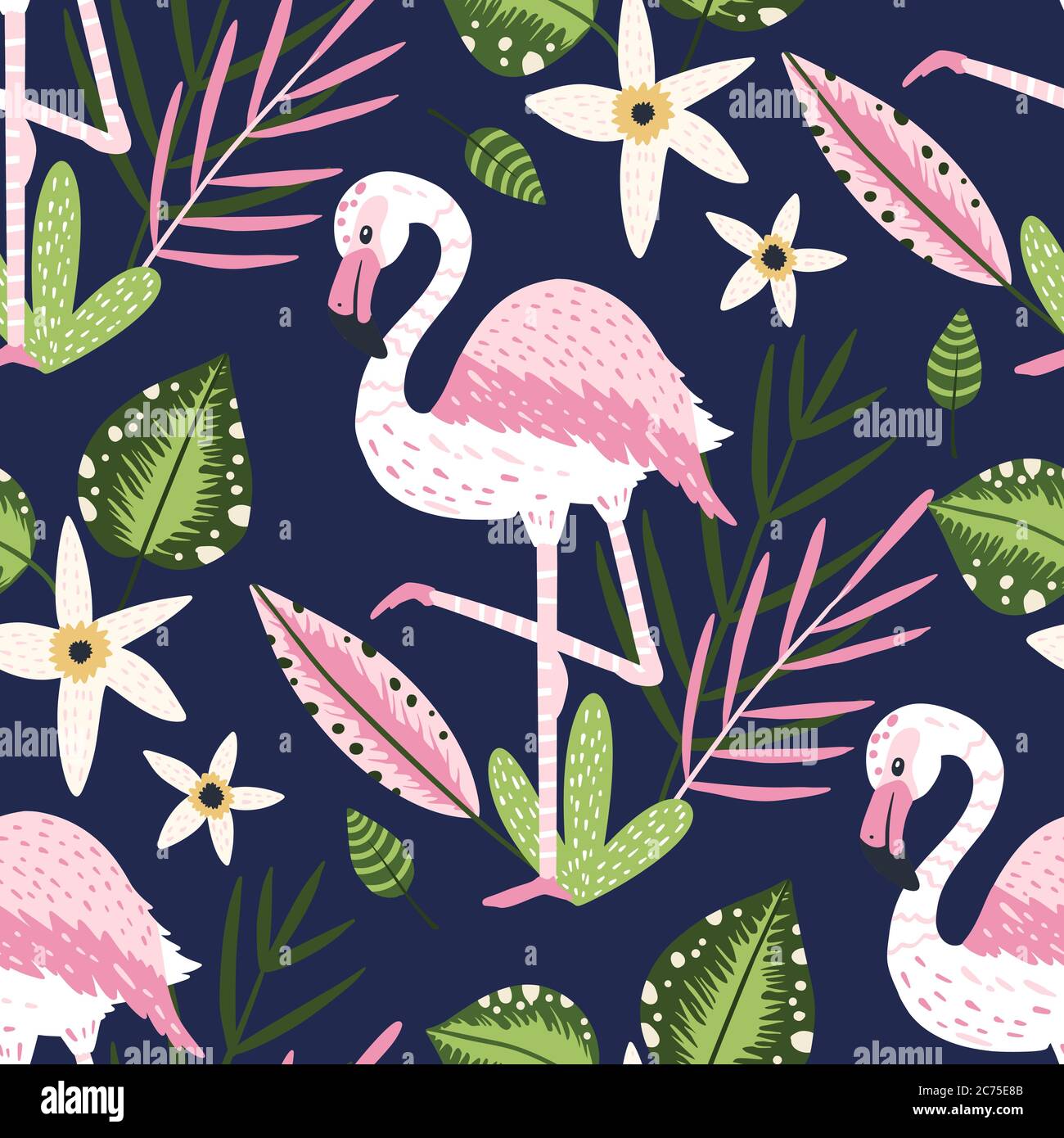 Tropical white flamingo bird seamless summer pattern. Exotic ornate ...