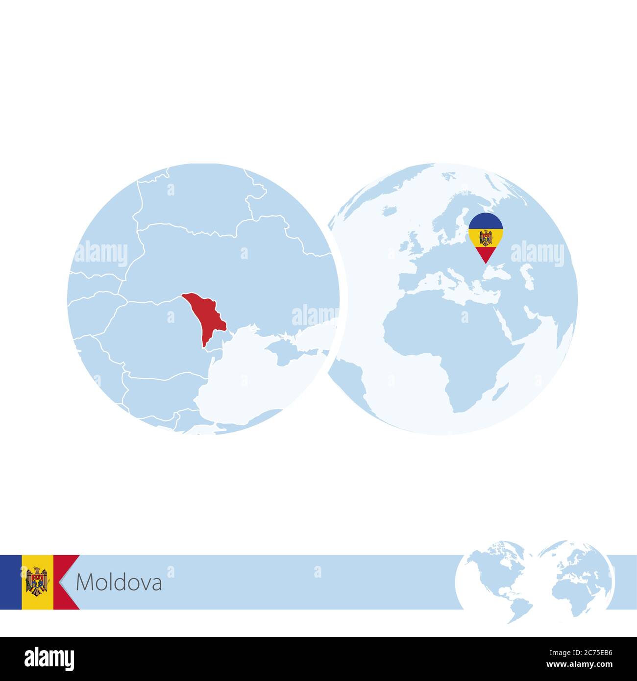 Moldova on world globe with flag and regional map of Moldova. Vector ...