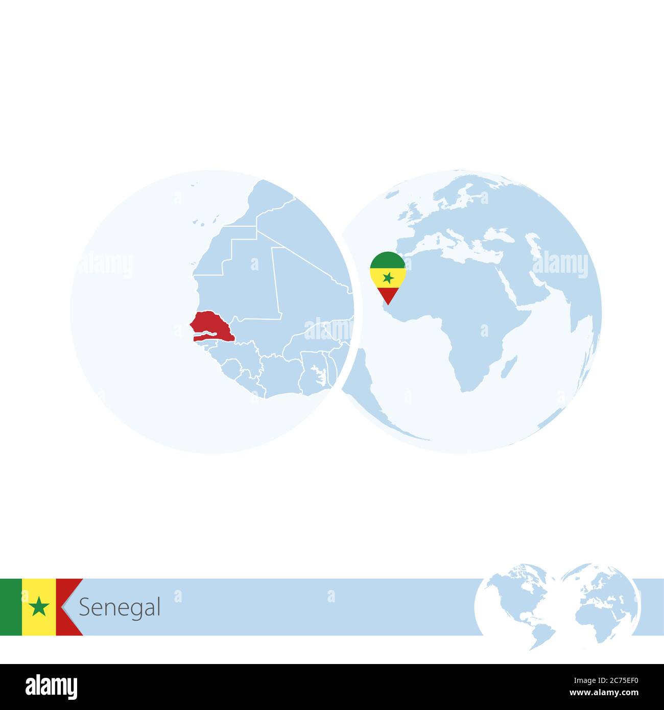 Senegal on world globe with flag and regional map of Senegal. Vector ...
