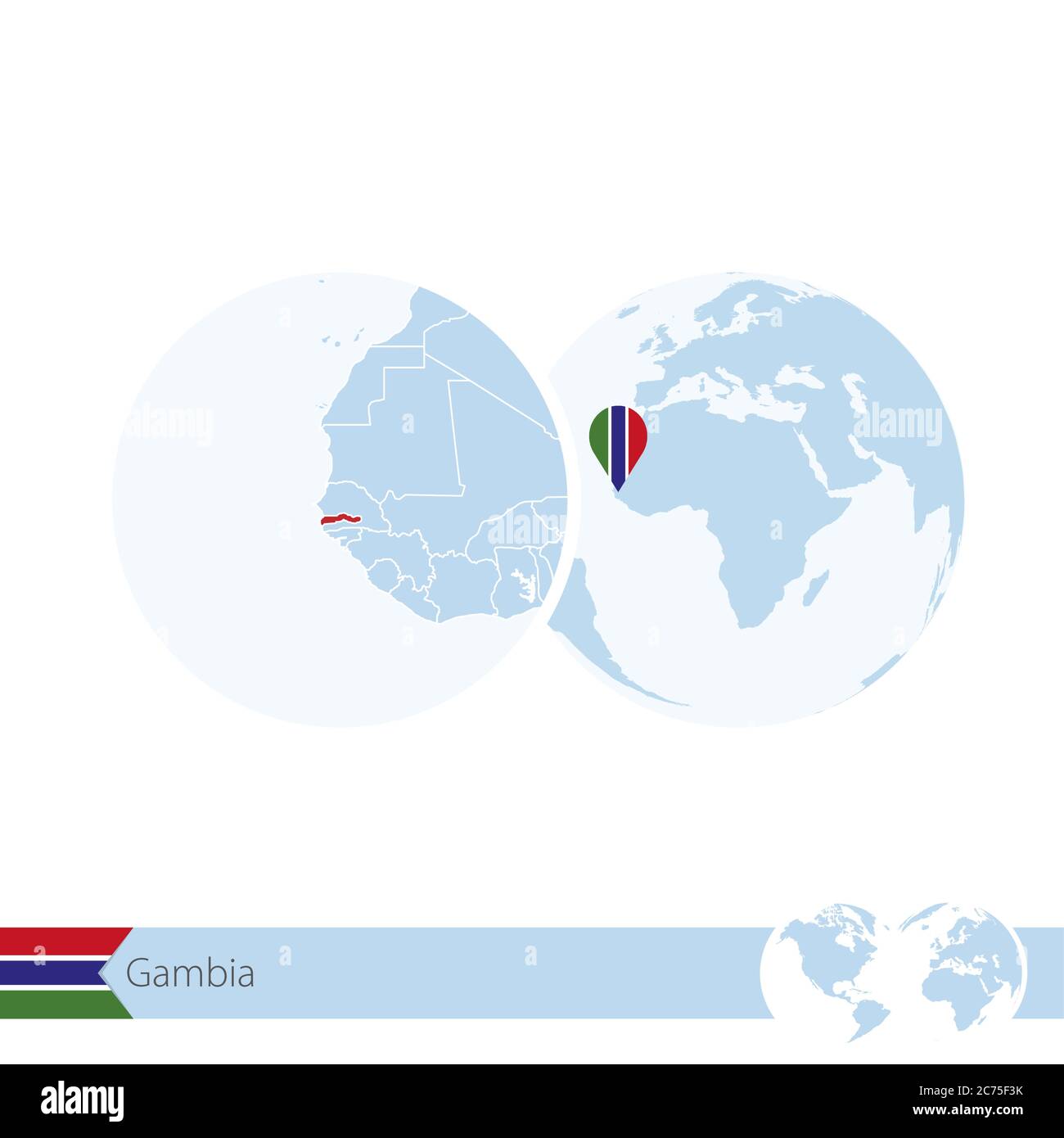 Gambia on world globe with flag and regional map of Gambia. Vector ...