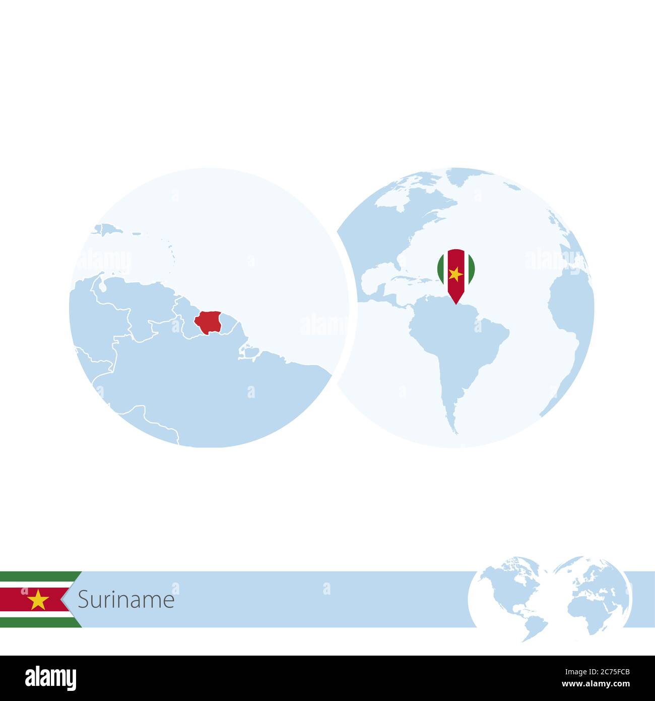 Suriname on world globe with flag and regional map of Suriname. Vector ...