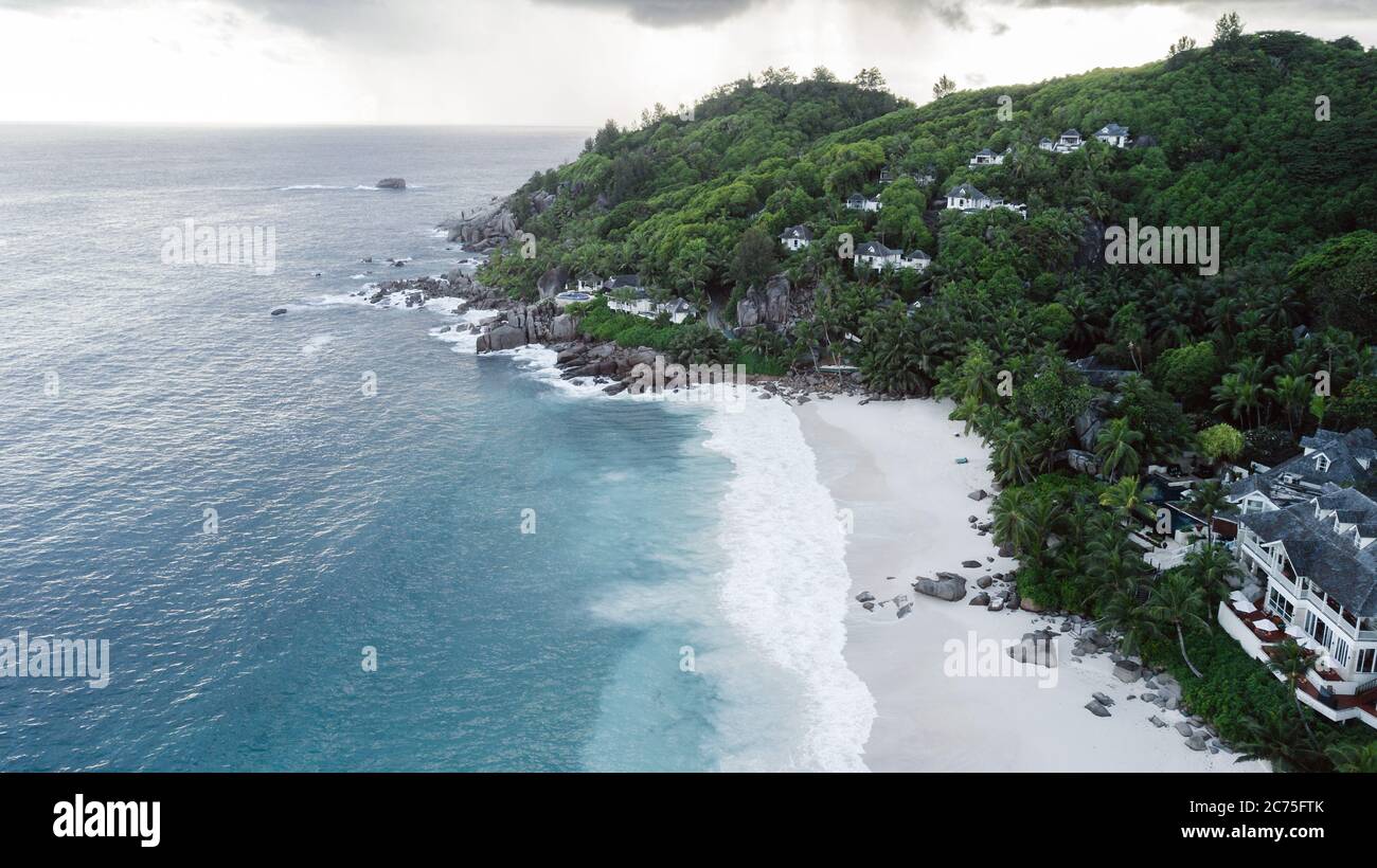 Seychelles beach Indian ocean from drone, shore and mountains Stock ...