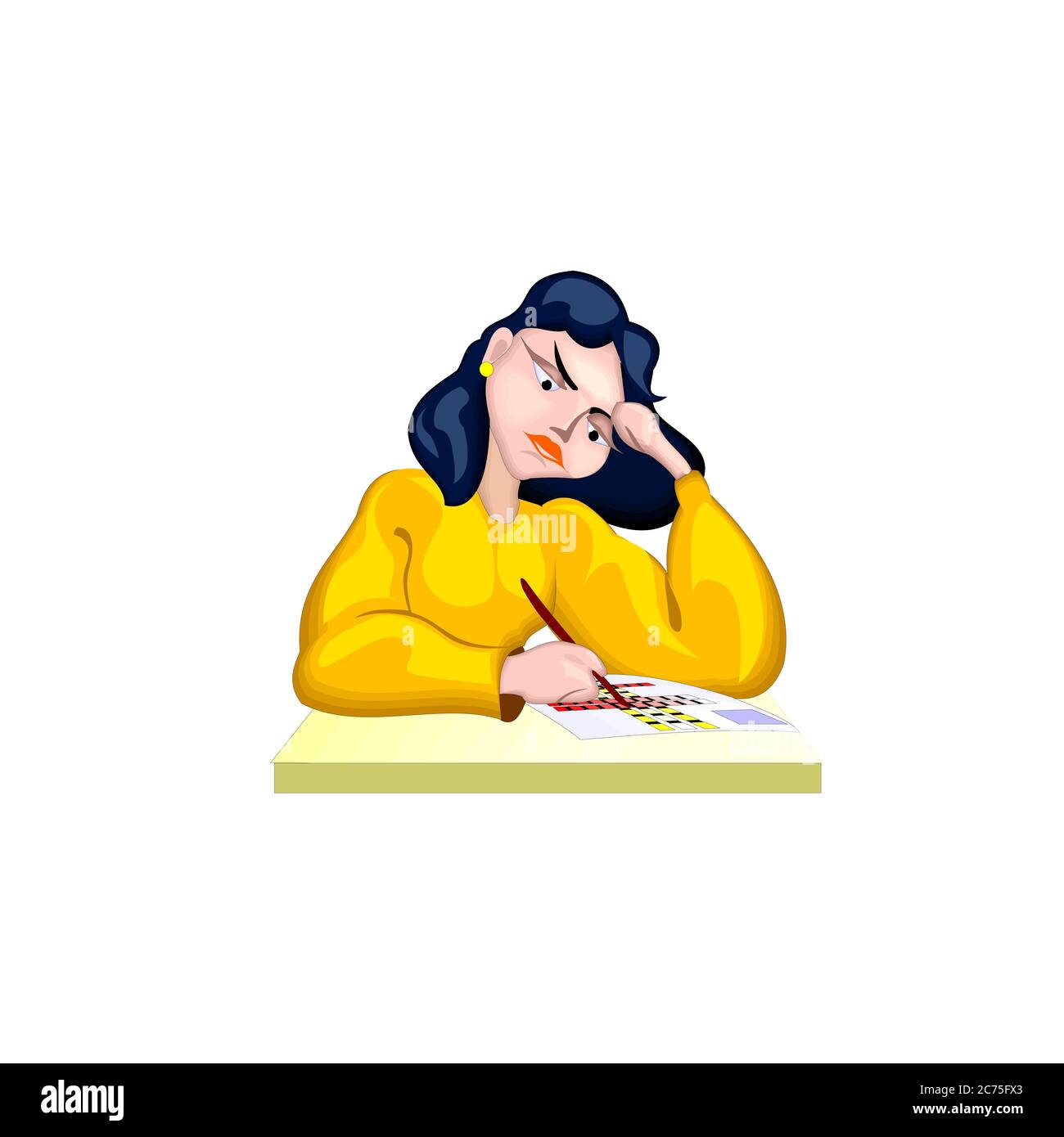 beautiful girl doing homework with thinking expression face on white ...