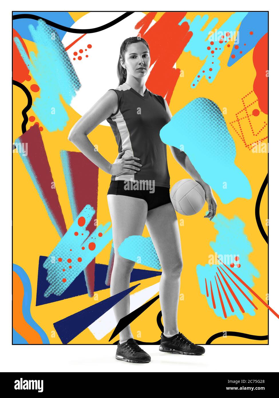 Young female volleyball player posing with colourful art drawings in ...