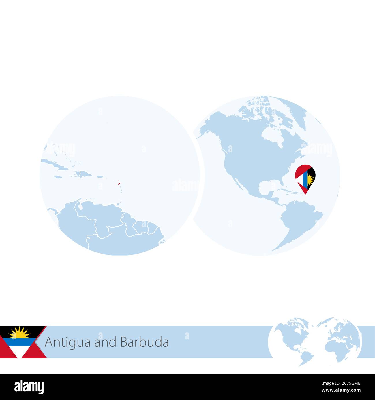 Antigua and Barbuda on world globe with flag and regional map of ...