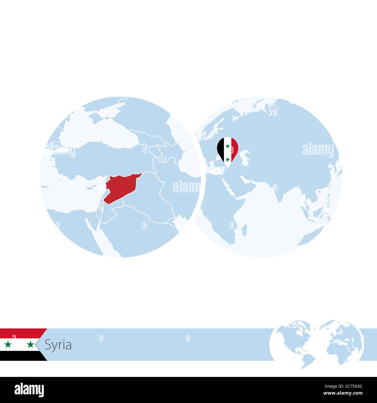 Syria on world globe with flag and regional map of Syria. Vector ...