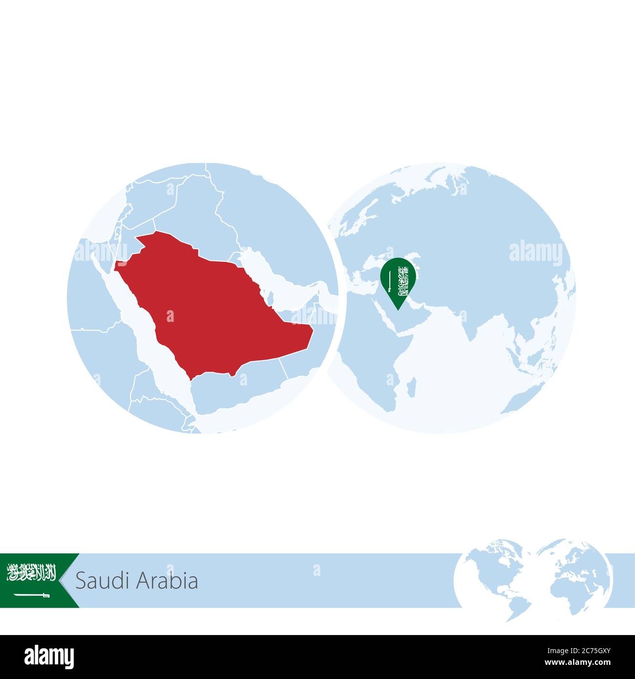 Saudi Arabia on world globe with flag and regional map of Saudi Arabia ...