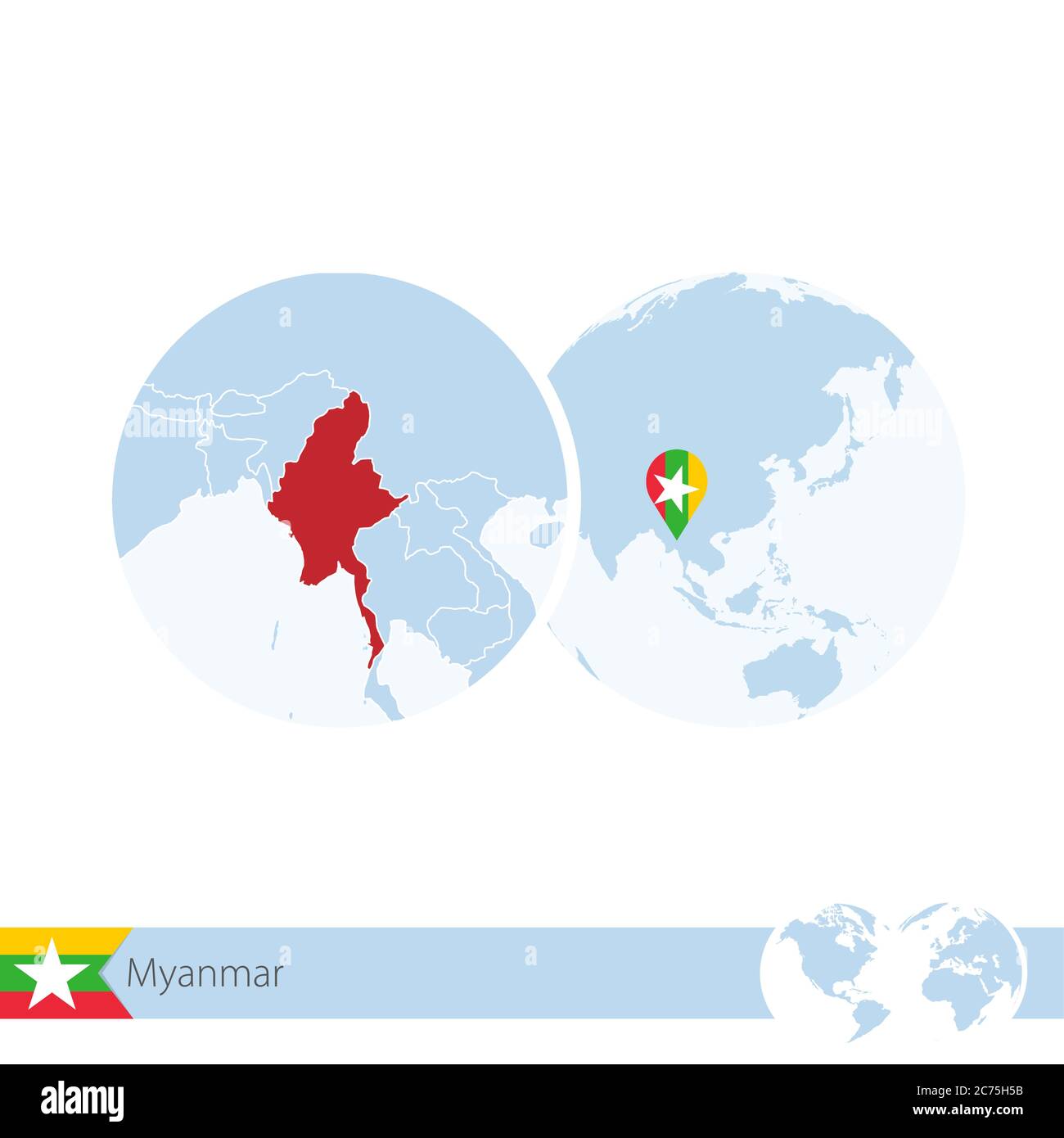 Myanmar on world globe with flag and regional map of Myanmar. Vector ...