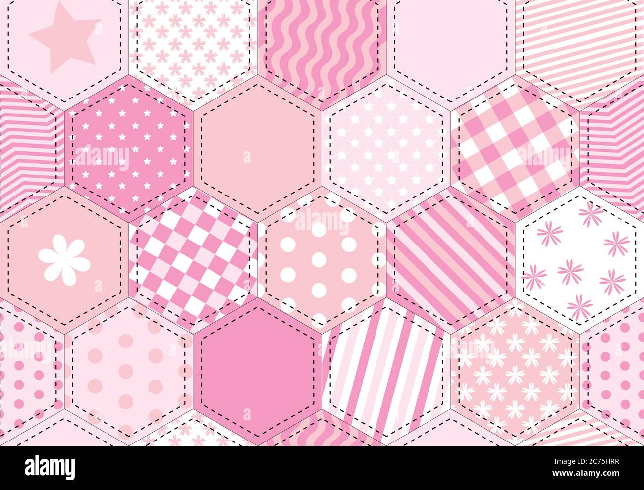 A vector illustration of a patchwork quilt background in shades of pink ...