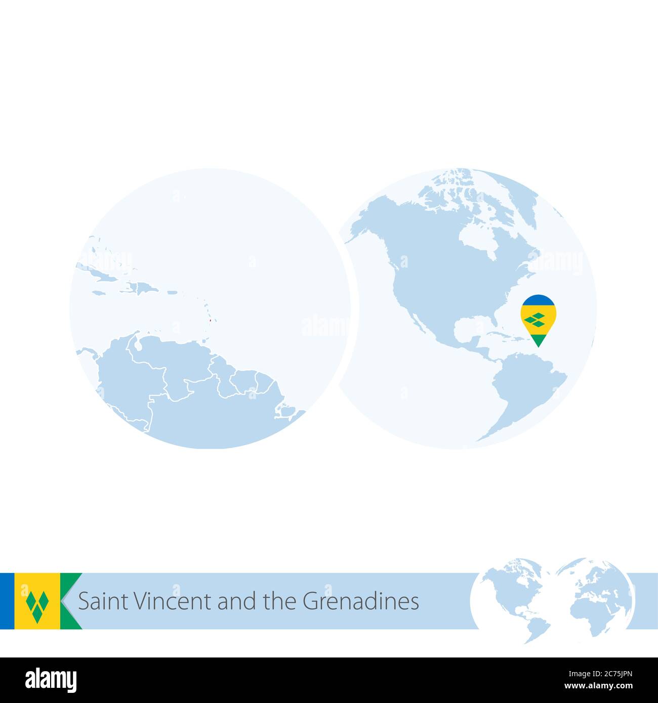 Saint Vincent and the Grenadines on world globe with flag and regional ...