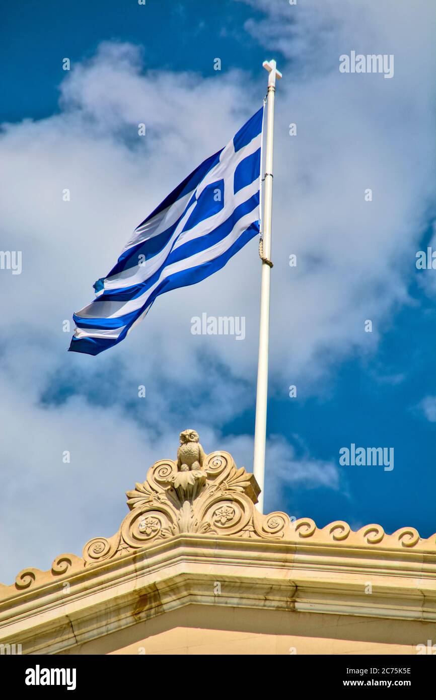 Athens, Greece, June 04, 2016. Greek national flag on top of the Greek ...