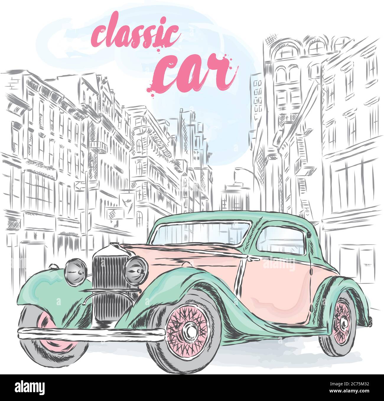 Postcard with a vintage car. Vector illustration for greeting card ...