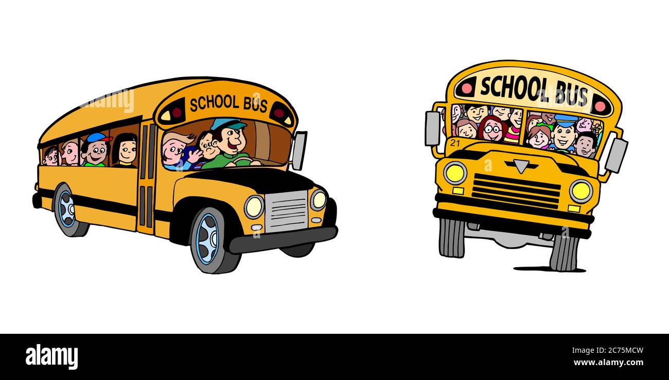 Two School bus with children illustration. School yellow bus on a white ...