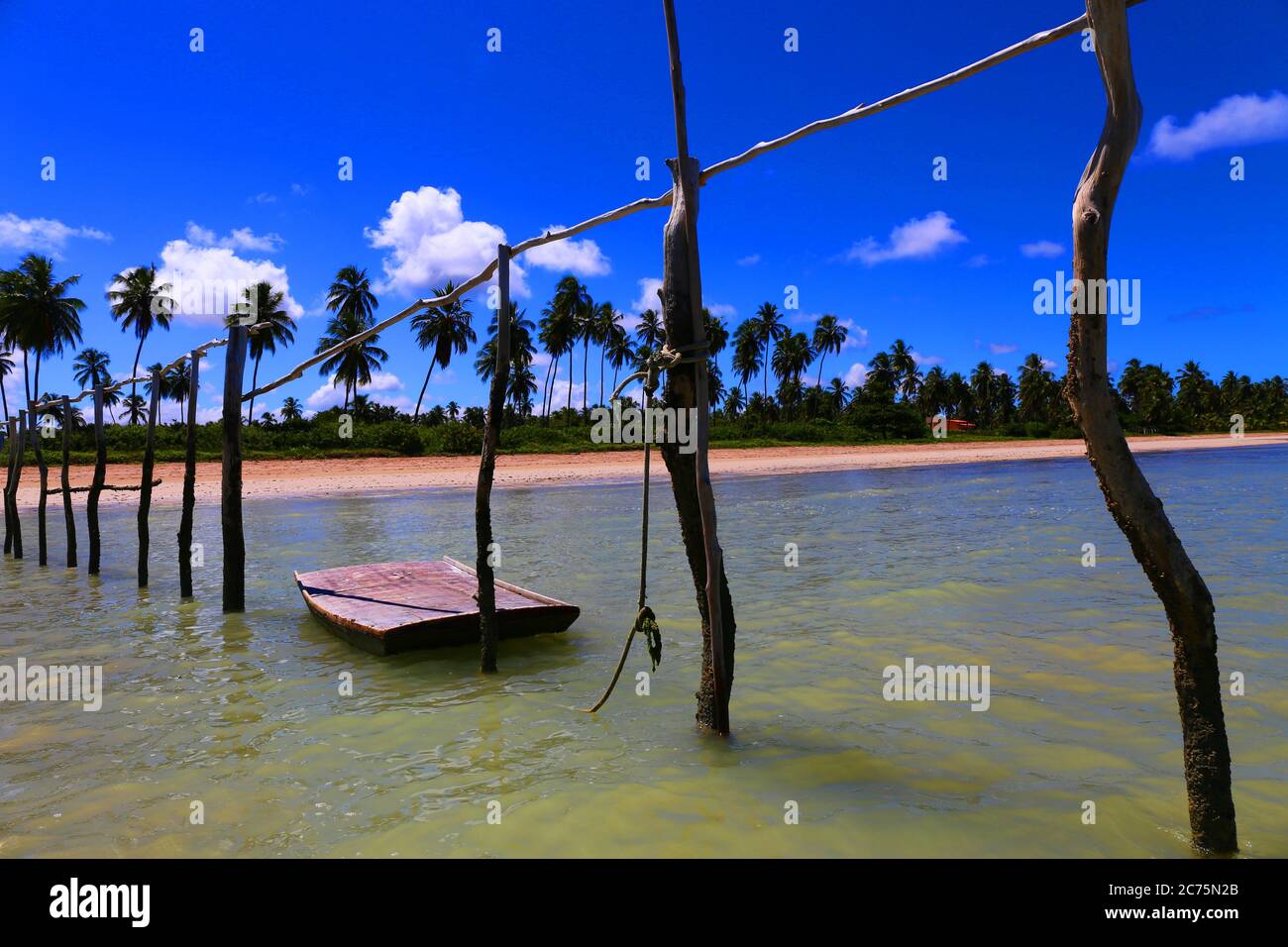 Traditional wooden fishing structures in the beautiful coastal village ...