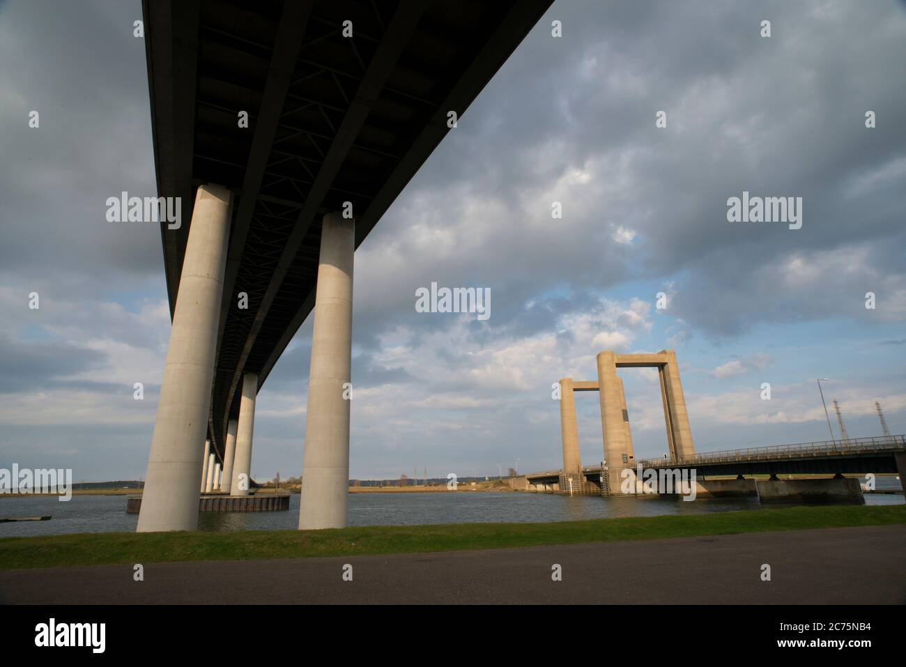Sheppey Crossing and Kingsferry Bridge from waters level by the Swale ...