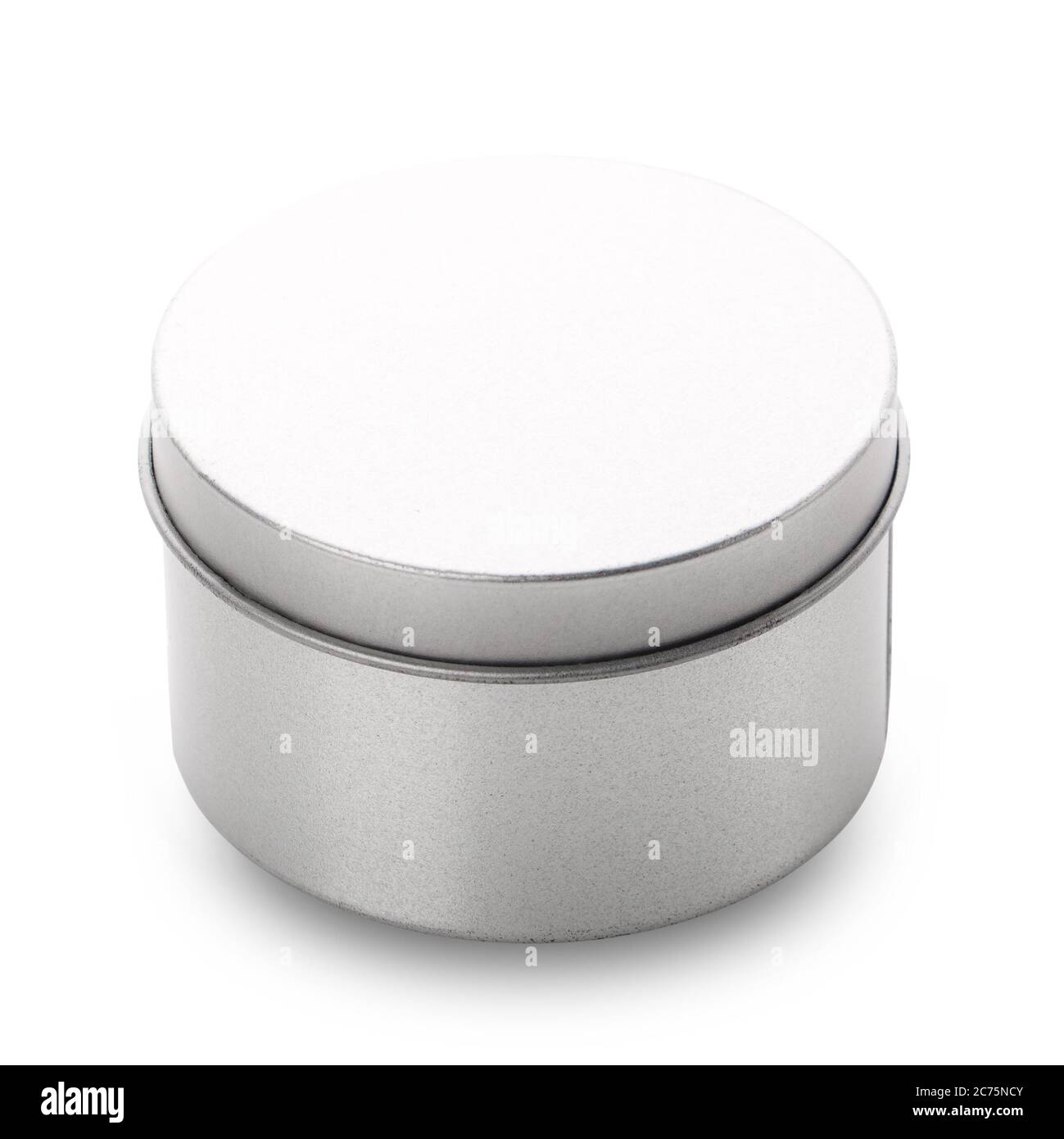 Round metal box on a white background Stock Photo - Alamy