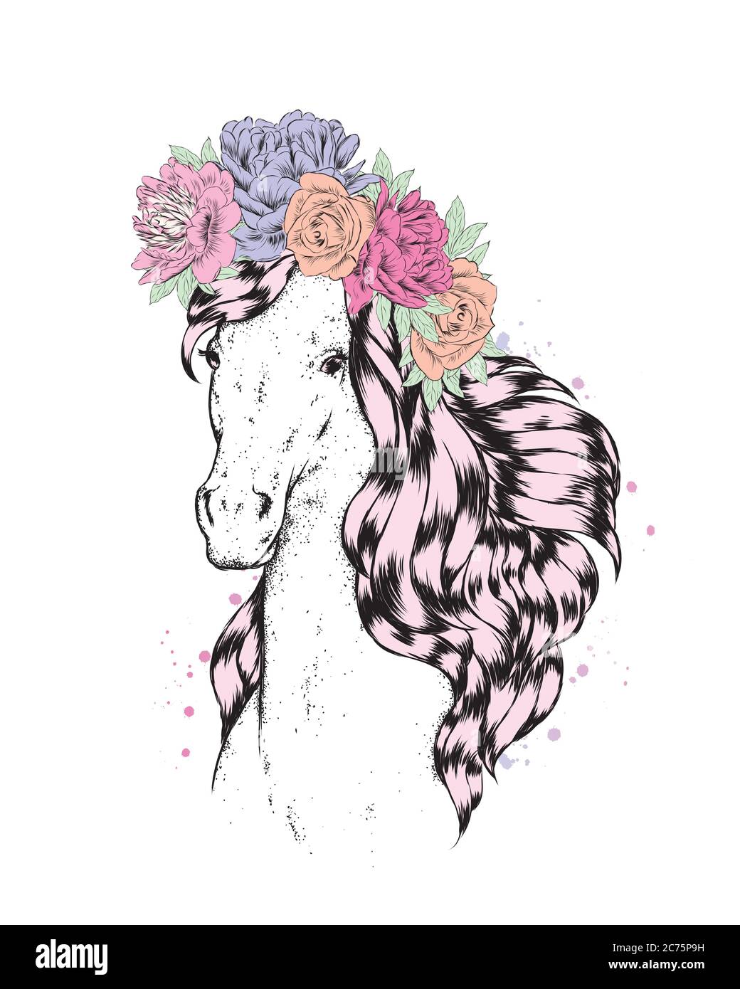 A beautiful horse in a flower wreath. Roses and peonies. Vector ...