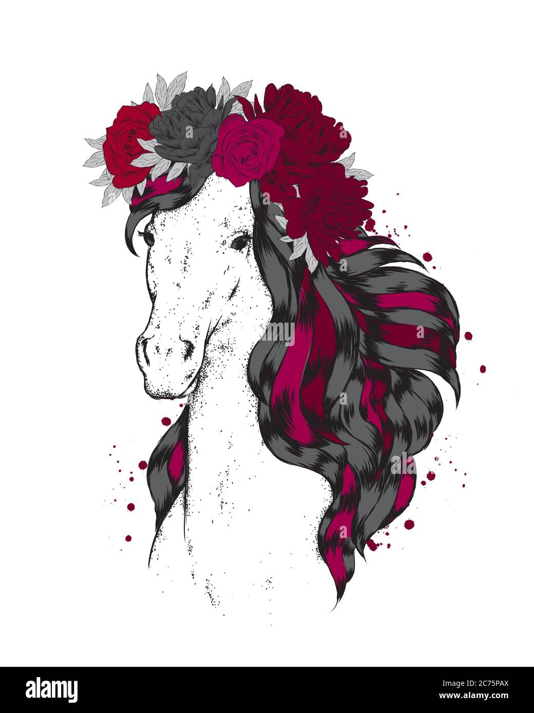 A beautiful horse in a flower wreath. Roses and peonies. Vector ...