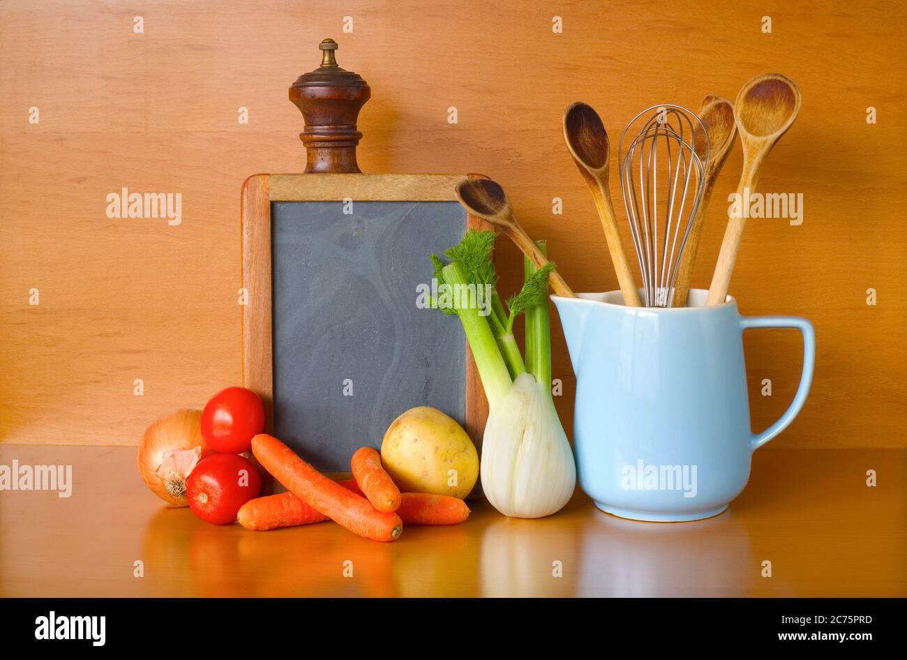kitchen utensils,vegetables,blackboard for recipes, free copy space ...