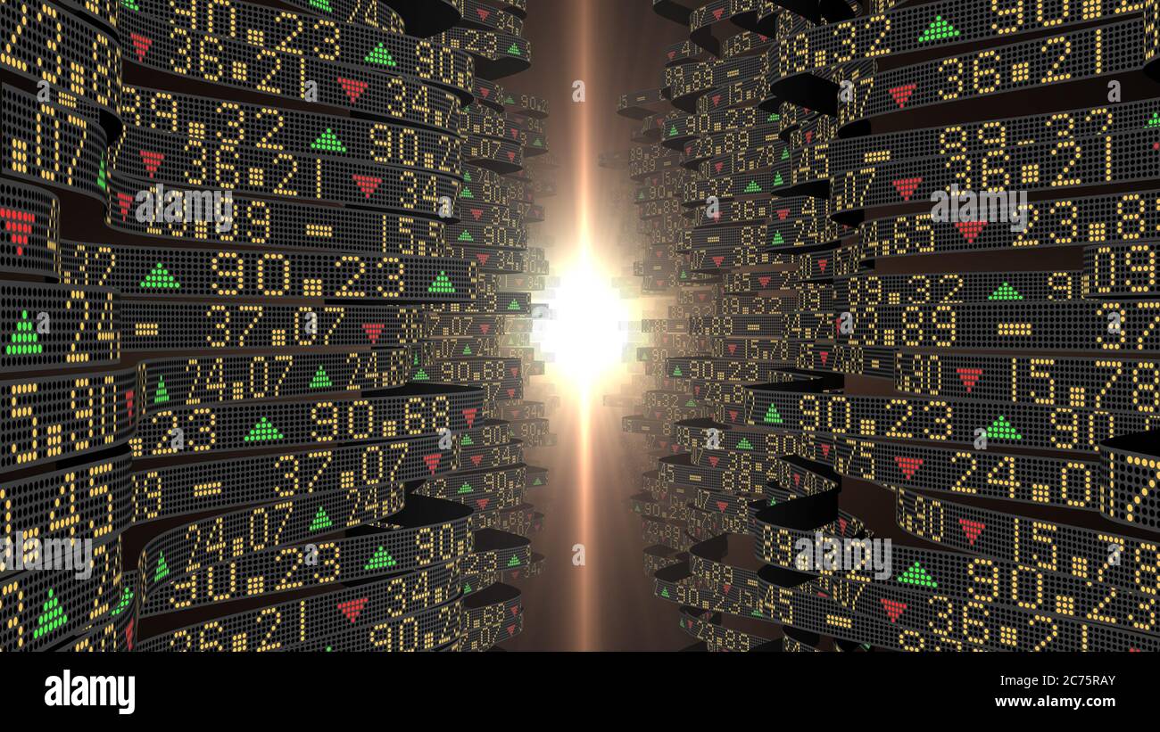 Wall Street stock market tickers sliding on trading boards towards a ...