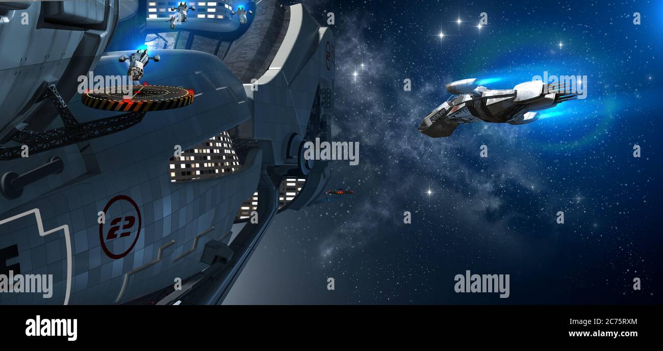 3D illustration of a military space station powered by an exotic energy ...