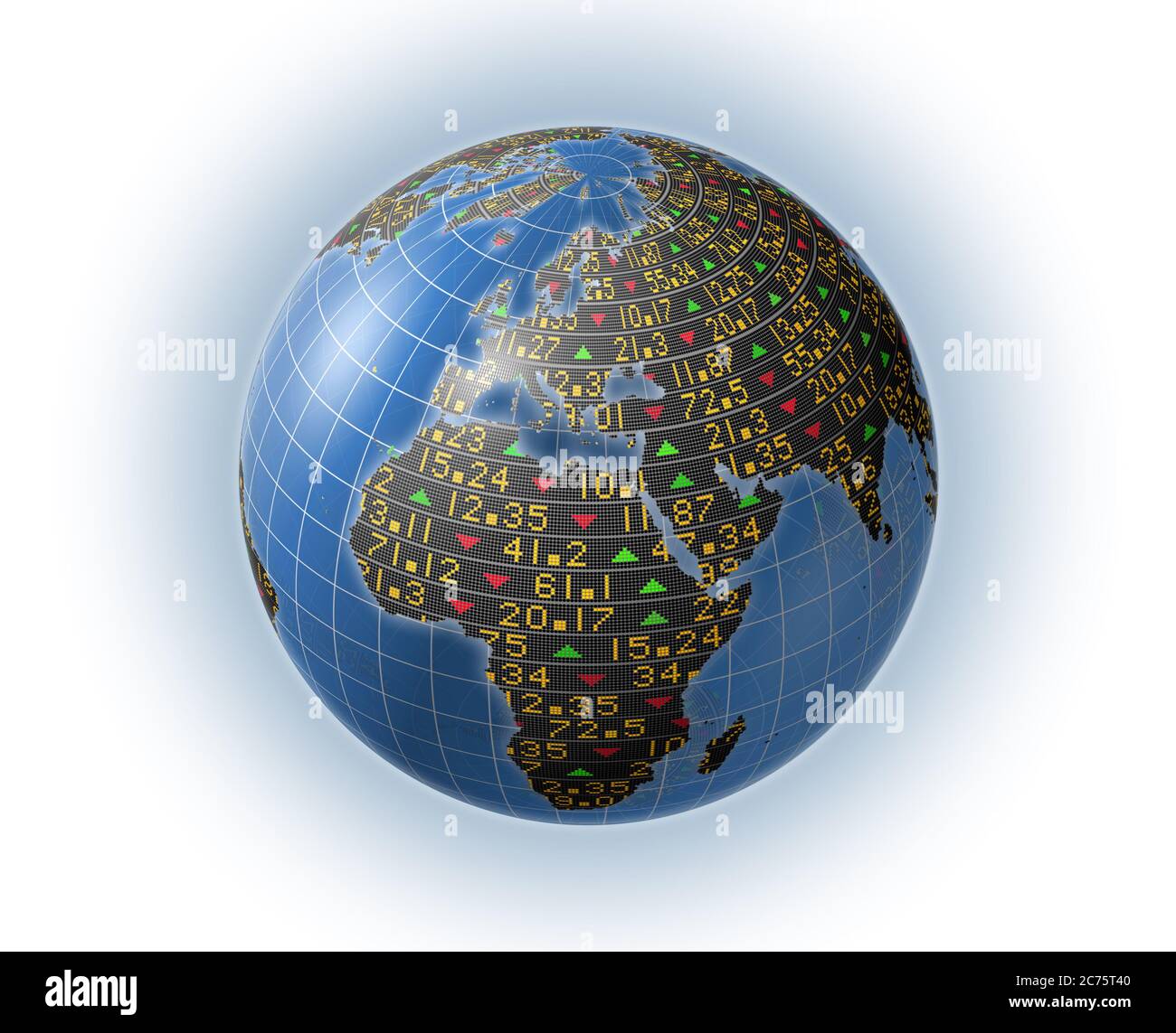 3D illustration of Europe and North Africa covered in stock market ...