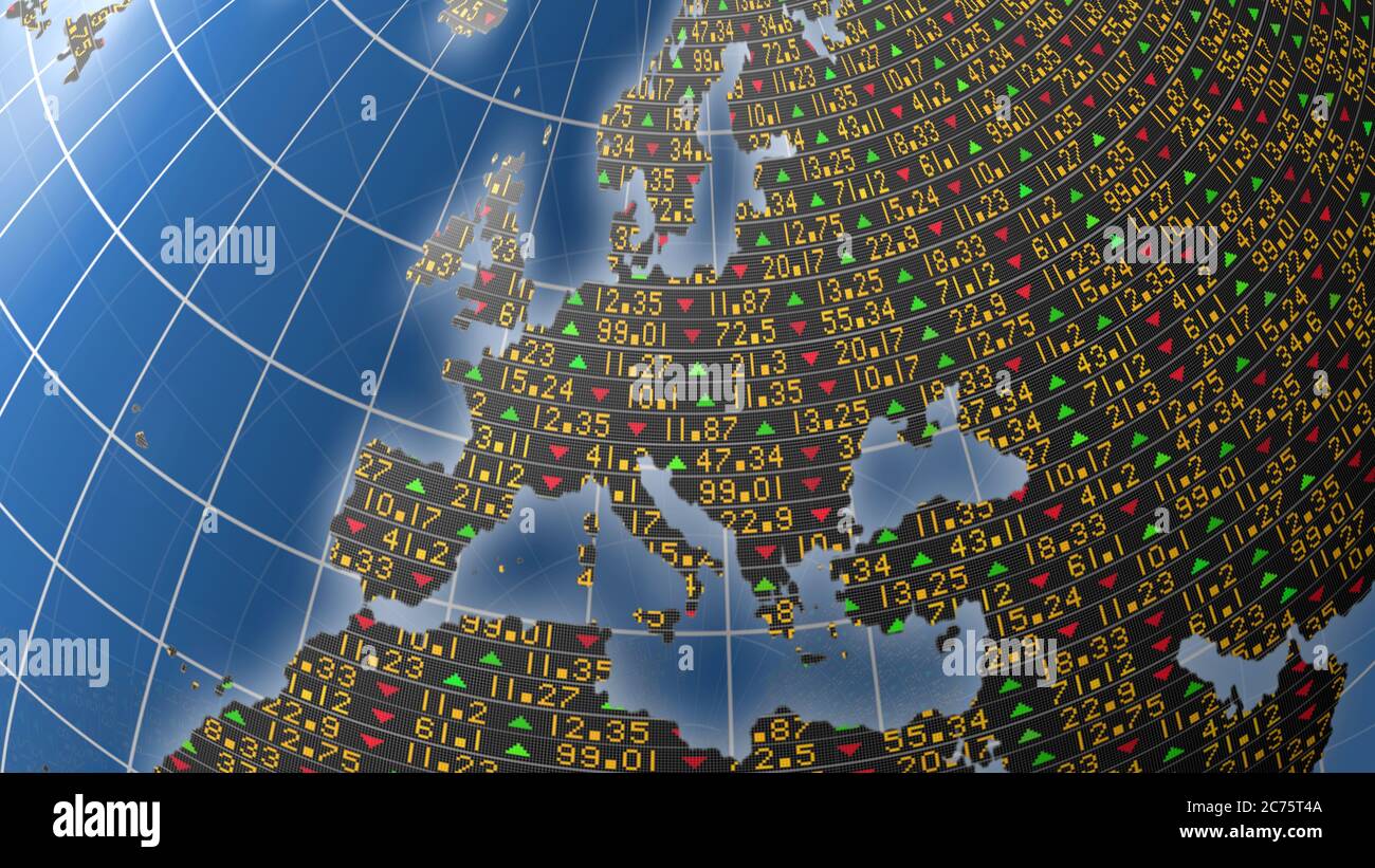 3D Europe illustration covered in stock market tickers and up and down ...