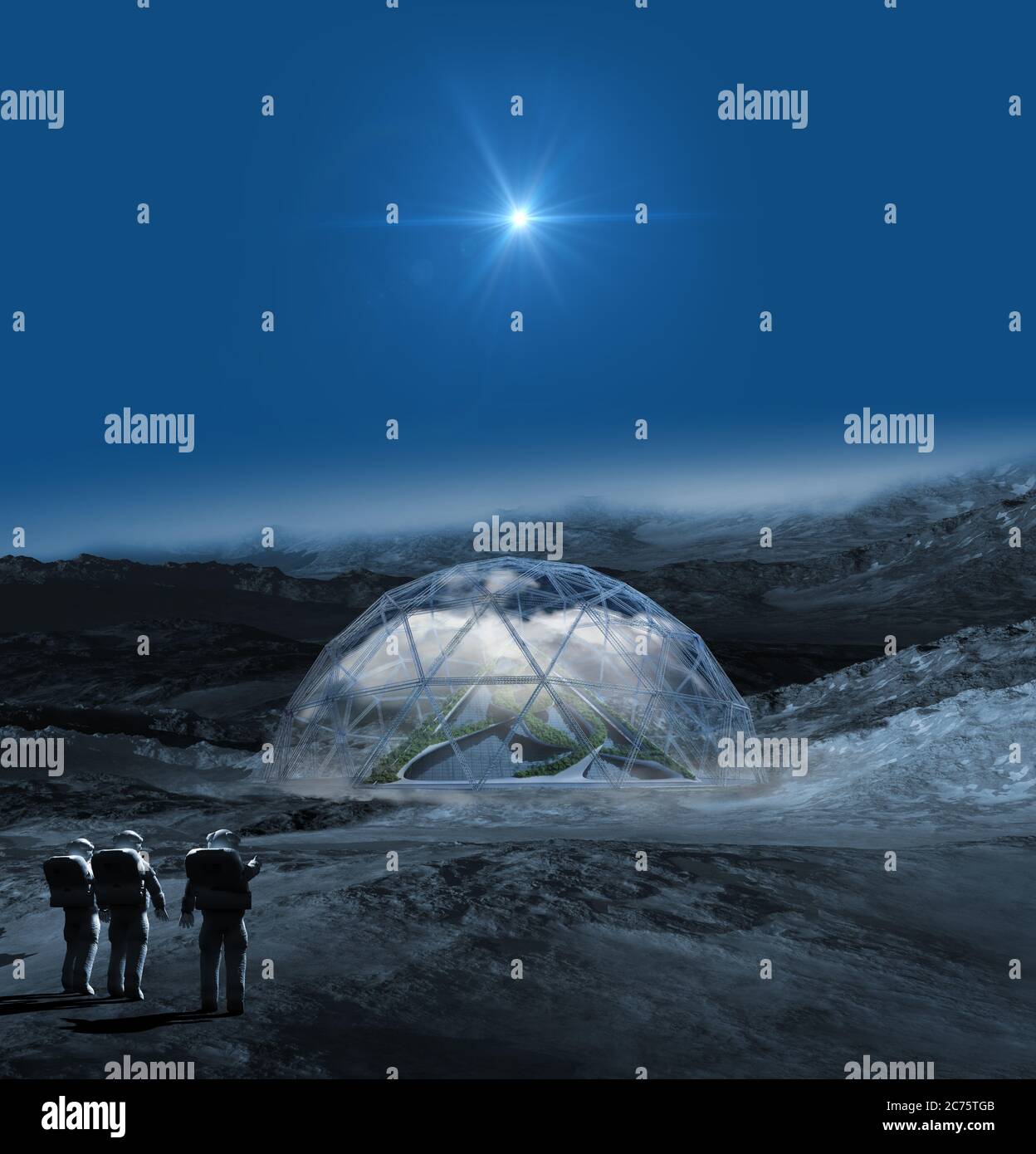 Alien planet with astronauts pointing to a terraforming dome with a ...