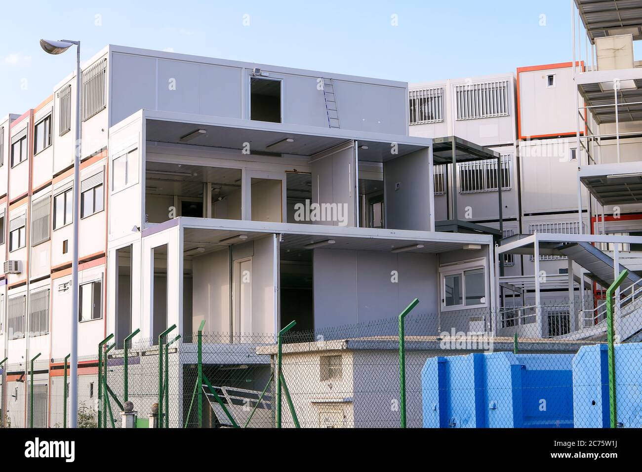 France, 14 May 2020. Prefabricated modular offices. Stacking of boxes ...