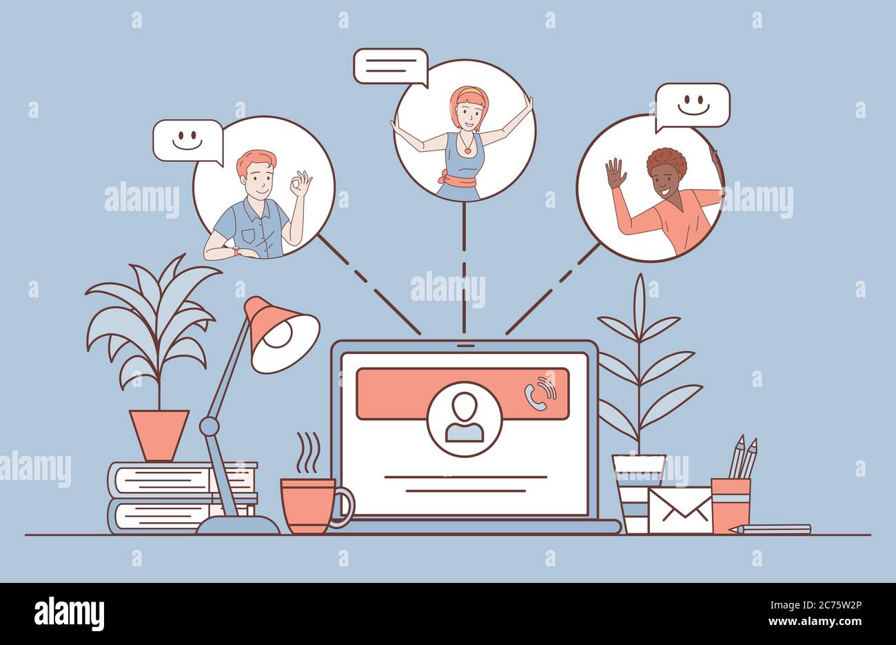 Social network or online communication cartoon outline illustration ...