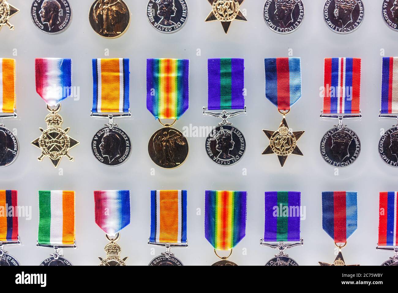 Close up shot of various war medals on display Stock Photo - Alamy